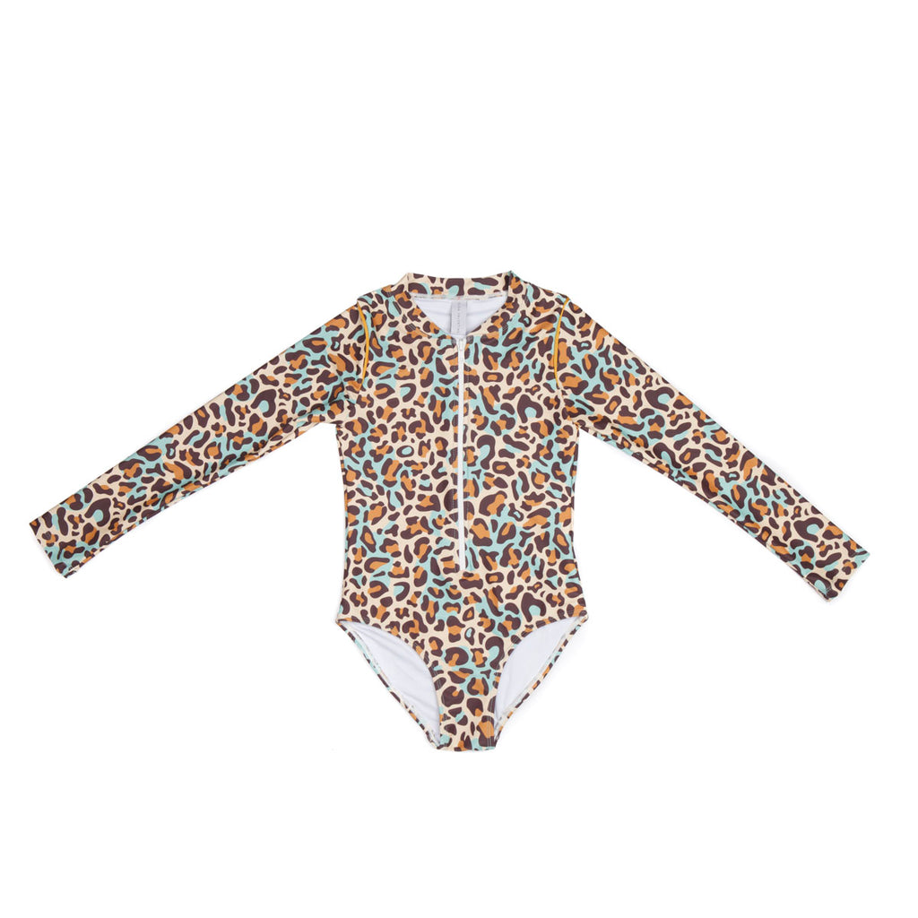 Girls Leopard Long Sleeve Swimsuit with Zip – Olga Valentine Swimwear