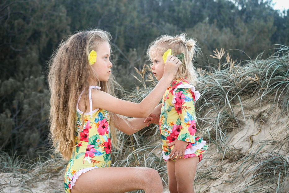Girls Frilly One Piece Swimsuit - Yellow Hawaiian Floral - Lei – Olga ...