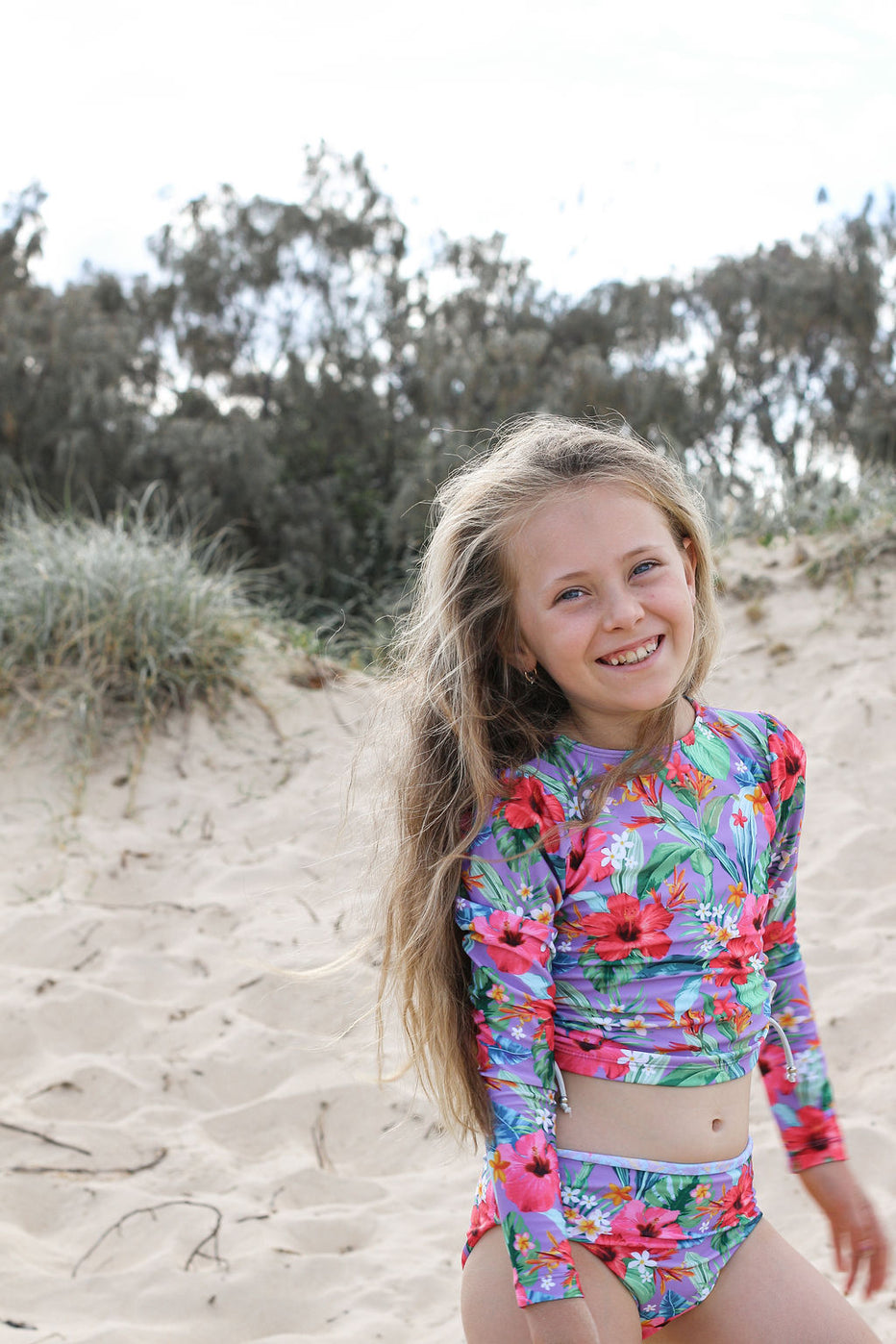 Girls Long Sleeve Swim Set - Purple Hawaiian Floral - Ayanna – Olga ...