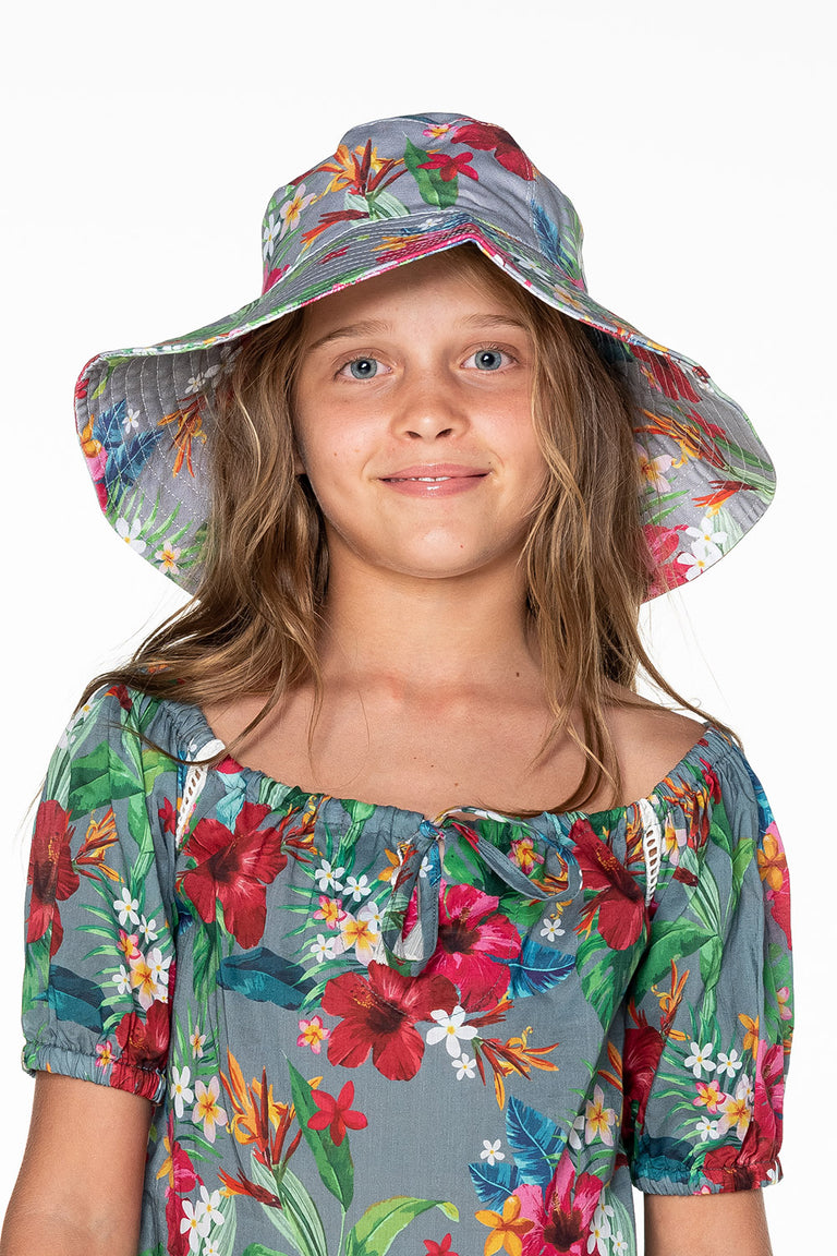 Girls Bucket Hat - Grey Hawaiian Floral - Isla – Olga Valentine Swimwear